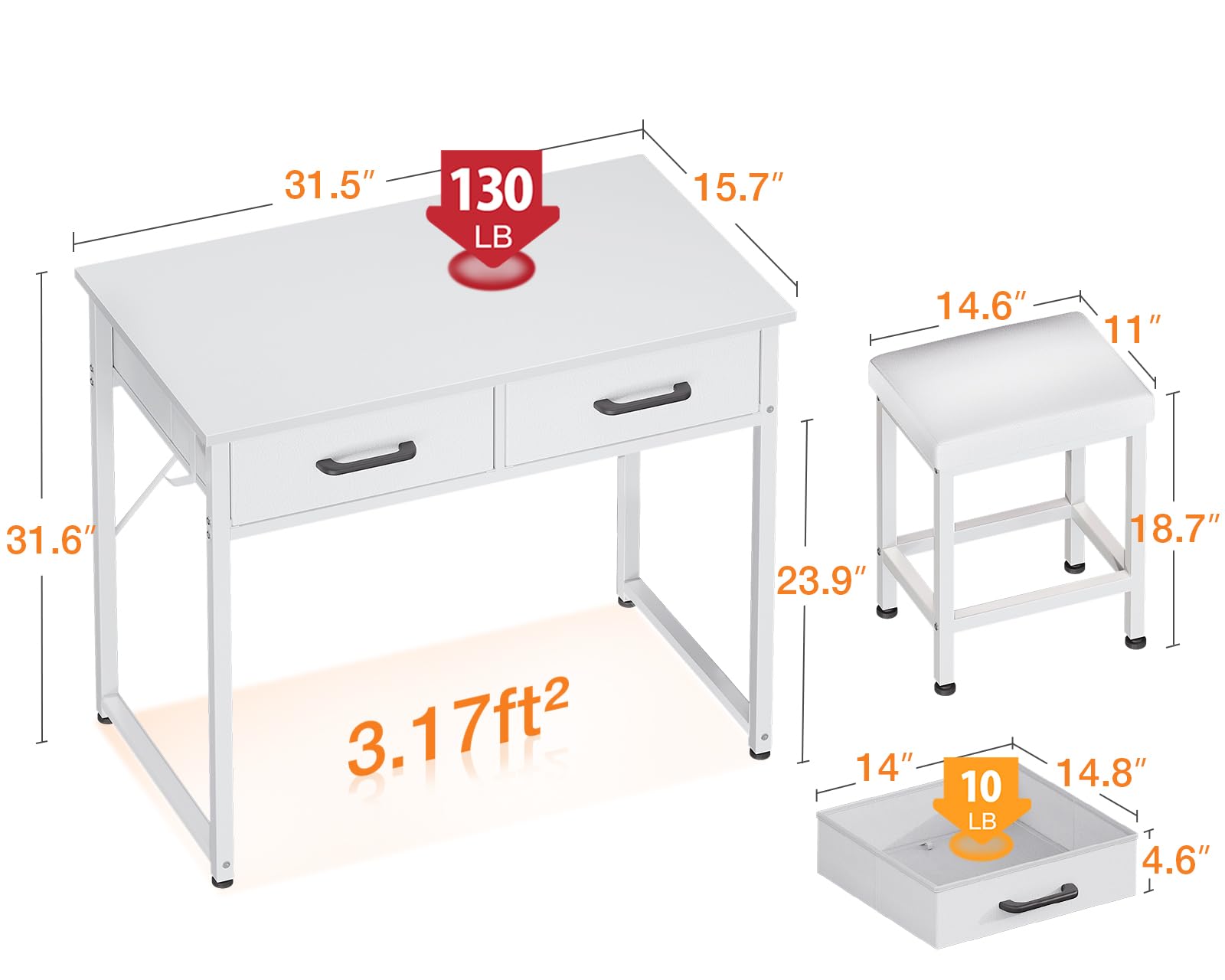 AODK Vanity Desk with 2 Fabric Drawers, 32 Inch Makeup Vanity Without Mirror, Small White Vanity Desk for Bedroom, Makeup Vanity Table with Chair, Kids Girls Vanity Set, White