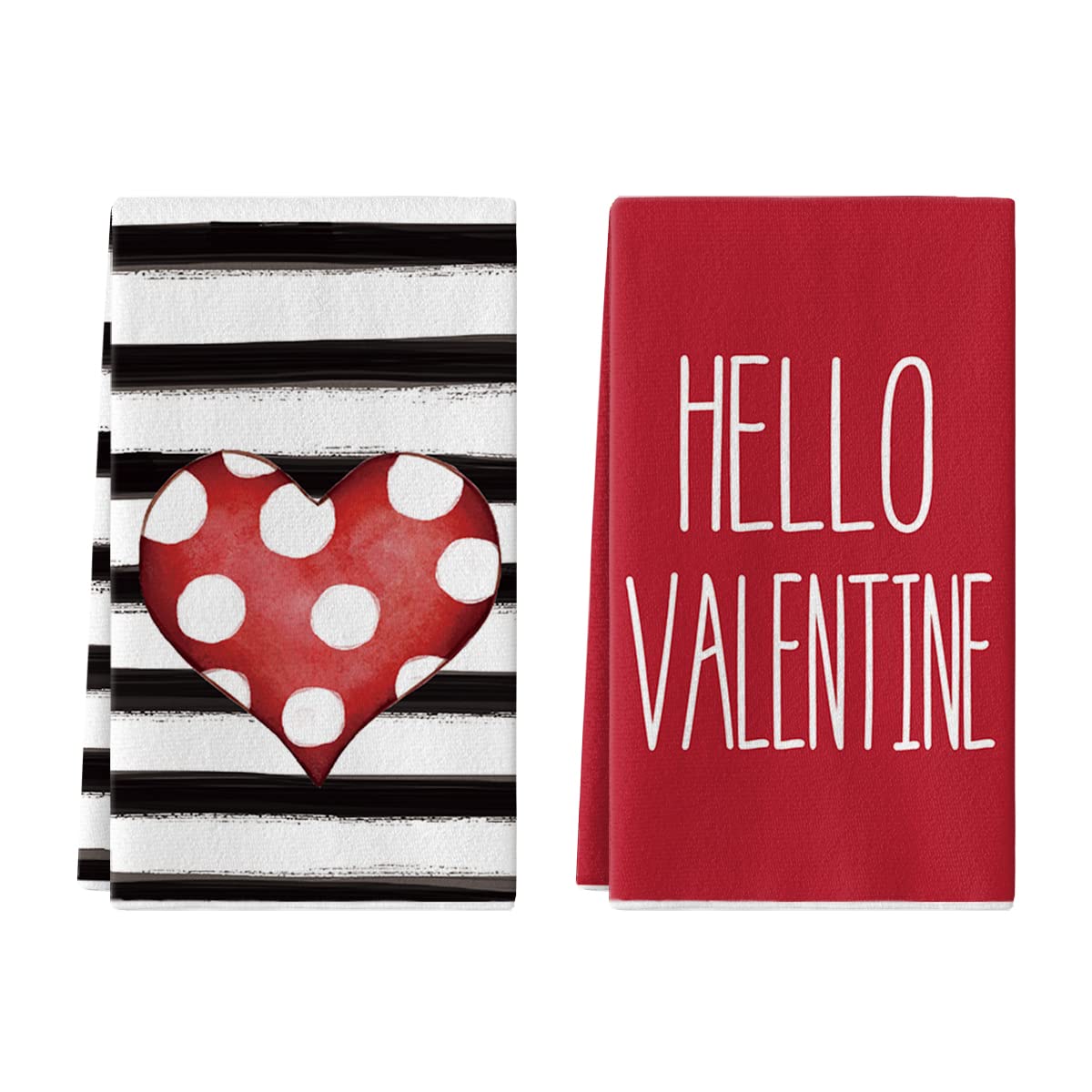 Artoid Mode Stripes Heart Hello Valentine Kitchen Towels Dish Towels, 18x26 Inch Seasonal Anniversary Valentine's Day Decoration Hand Towels Set of 2