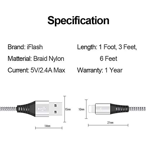 IFLASH Charge/Sync Cable w/LED, 6 Feet Data Cable Fast Charging and Sync Charger for iPhone Xs/XS Max/XR/X / 8/8 Plus /7 Plus / 6S/6 Plus/SE, iPad Air Mini 2/3/4, iPod Touch 5/6 (2 Meters)