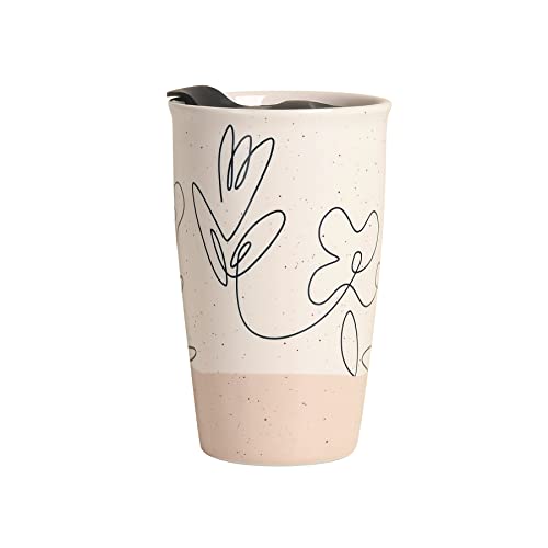 ANTIS'S HOME Ceramic Coffee Mug with Lid, Flower Pattern Double Wall Coffee Travel Mug Ceramic Tumbler 10 oz, Reusable Tall Cup, Splash Resistant Lid, Dishwasher Microwaveable Safe