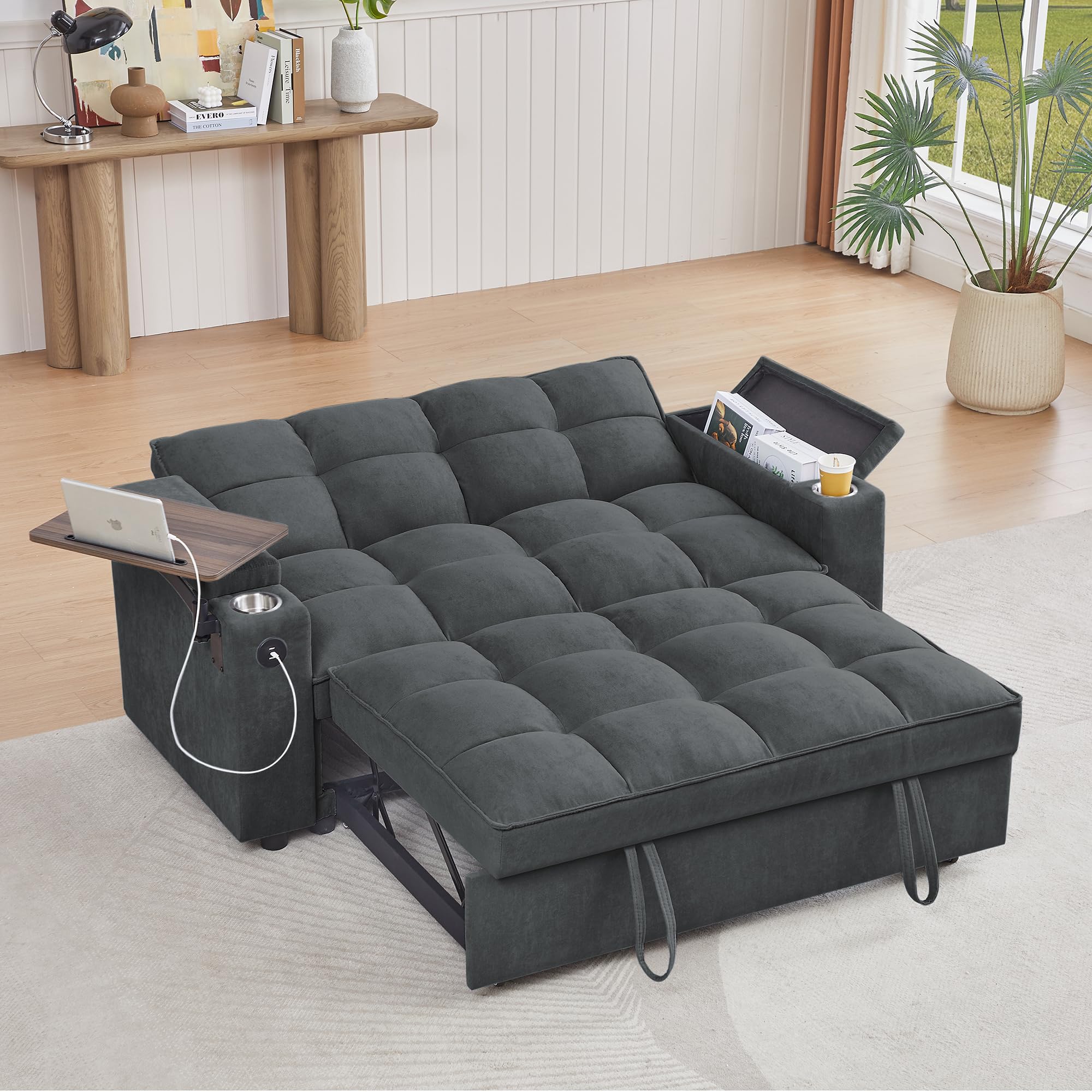 Auvsoce 65'' Convertible Queen Size Sleeper Sofa Bed.Modern Chenille Fabric Sofa with Pull Out Bed and 360 Degree rotatable Side Table for Living Room,RV, Trailer, Basement, Big Horn (Grey)