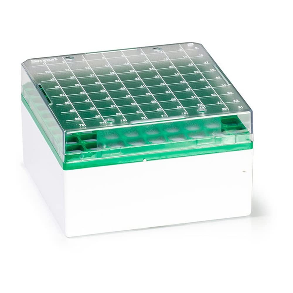 Simport T314-481G Cryostore Storage Box for 3 mL -4 mL Cryogenic Tubes, 81 Places, 81 mm Height, 133 mm Width, 133 mm Length, Green Grid, Polycarbonate (Pack of 12)