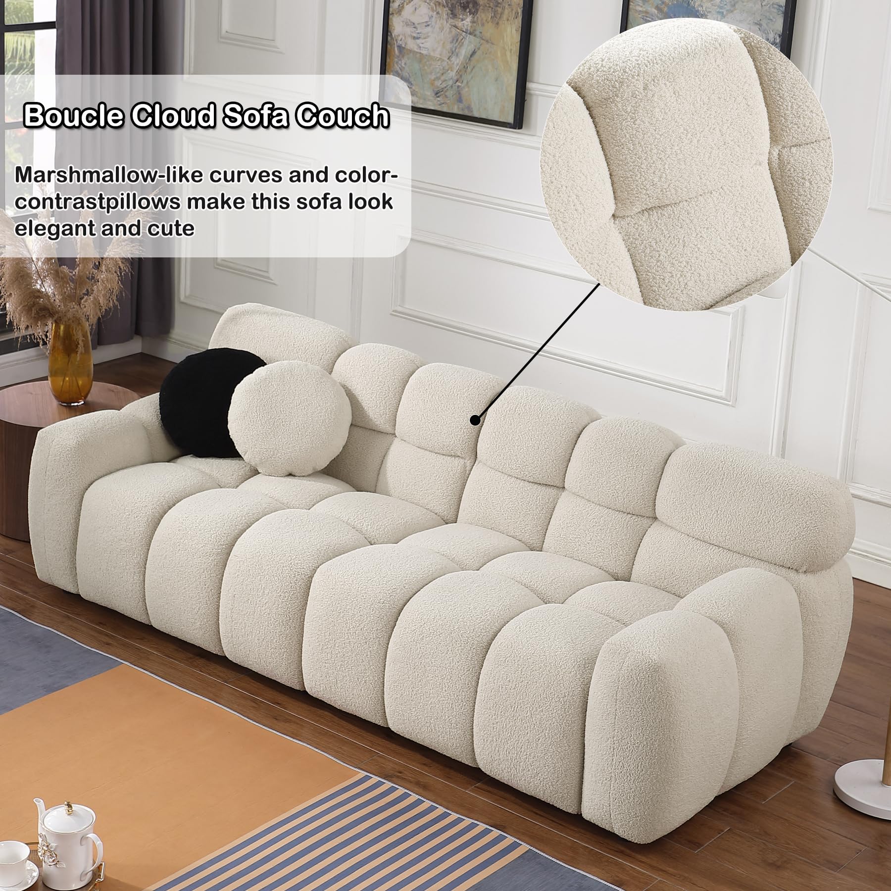 AZSJML 2 Piece Boucle Cloud Sofa Set, Modern Upholstered Sherpa Deep Seat Couch Loveseat, Comfy 3 Seater and 2 Seater Tufted Teddy Couch with Pillows for Living Room, Bedroom Apartment Office, Black