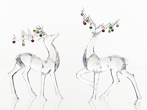 Christmas Reindeer Set of 2 in Clear Acrylic, Christmas Jingle Bells on Antlers, Holiday Deer Figurines, 10 and 11 Inches High, Cut Glass Appearance