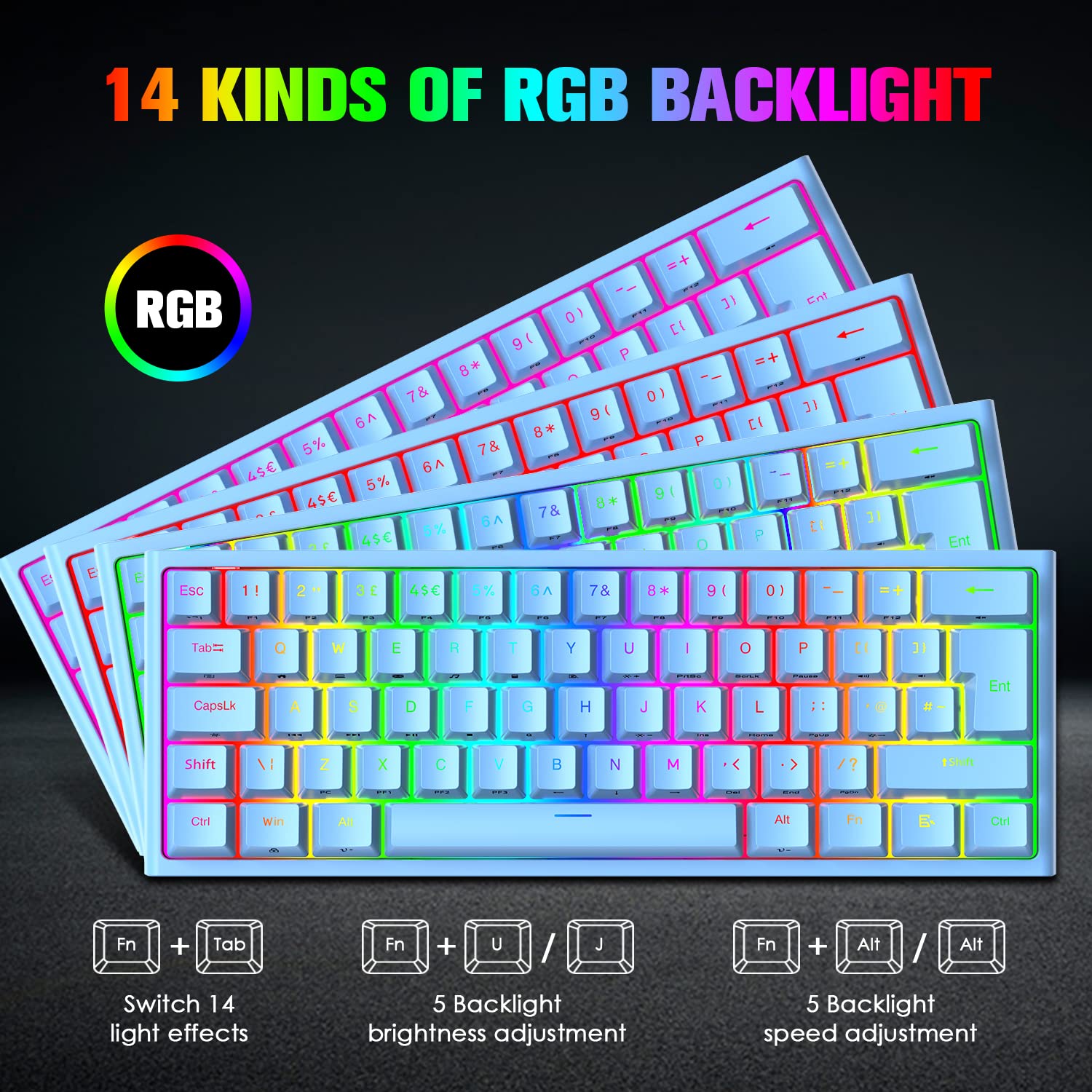 MAGIC-REFINER 60% Mechanical Gaming Keyboard Red Switch Mini 62 Keys Wired Type C 14 Backlit Effects,Lightweight RGB 6400 DPI Honeycomb Optical Mouse Mouse pad for Windows & Mac PC Gamer(Blue)