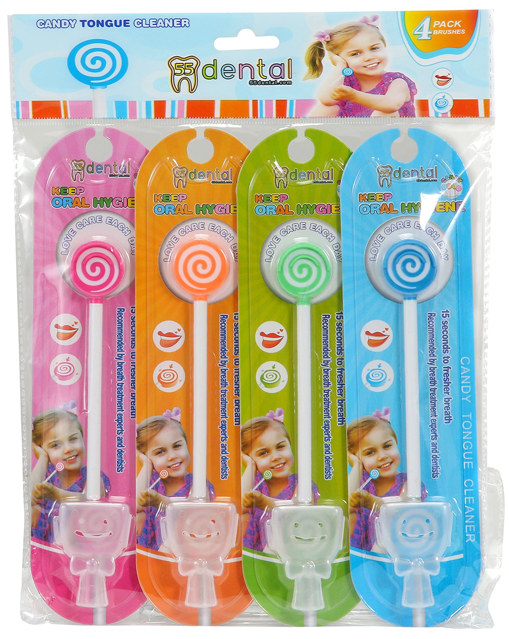 Kids Tongue Scraper or Cleaner Set – Pack of 4 BPA-Free Plastic Dental Scrapers Helps Freshen Bad Breath, Remove Gunk – Multicolored with Easy-to-Grasp Handles and Brush Covers by 55Dental, Ages 2+
