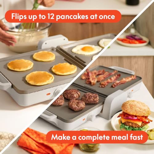 Bella 10"x 20" Ceramic Fold-n-Store Dual Temp Griddle, Fits-anywhere Kitchenware, EverGood Ceramic Nonstick Coating, 2 Temperature Zones up to 400°F, Dishwasher Safe Drip Tray, 1500 Watt, Oatmilk