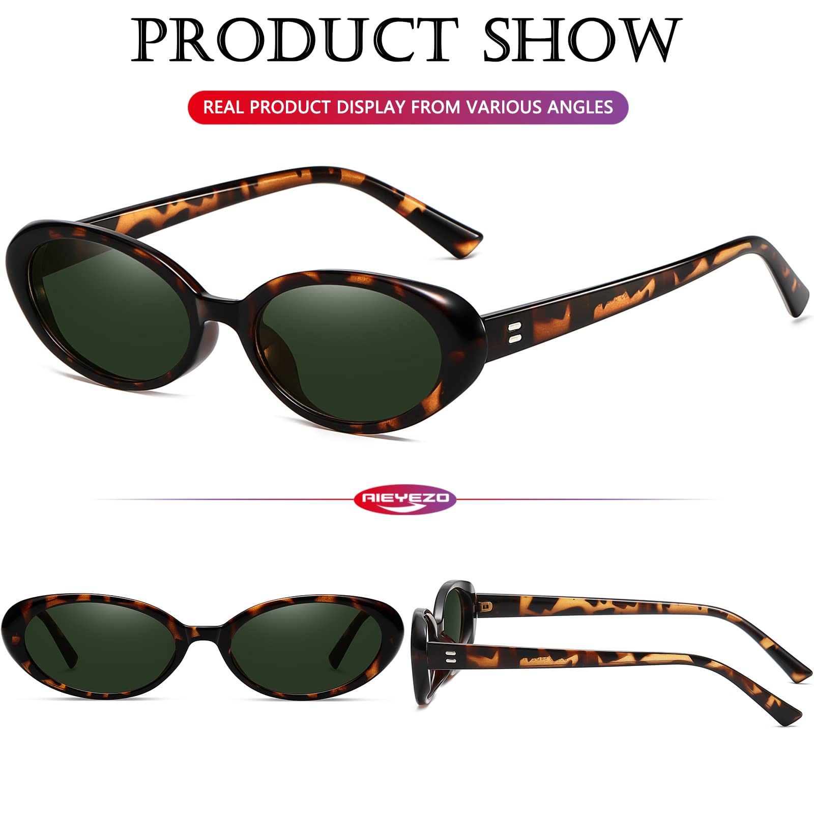 AIEYEZO Retro Oval Sunglasses for Women Fashion Small Oval Frame Sun Glasses 90s Vintage Style Shades (Black + Leopard/Green)
