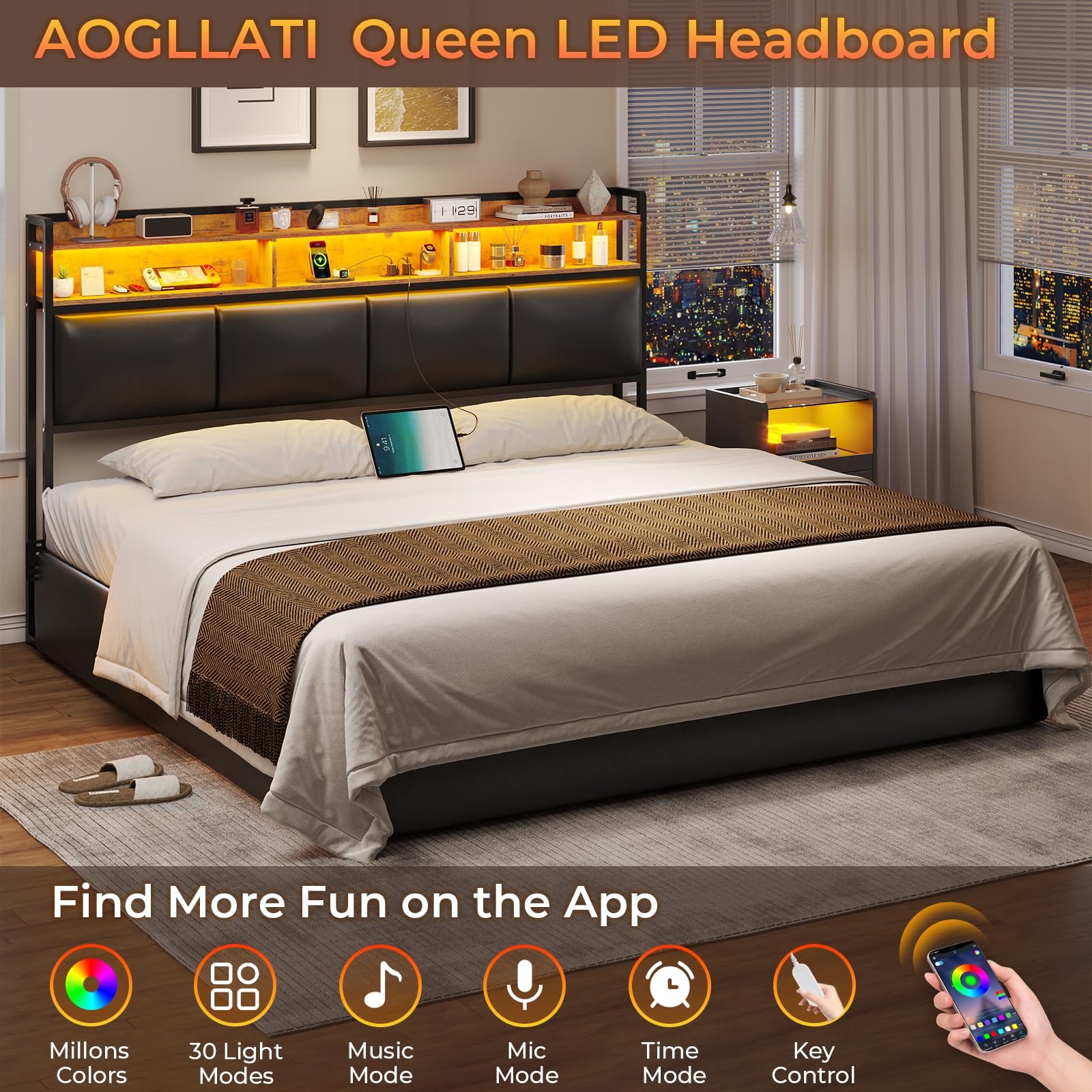 AOGLLATI Upholstered Headboard Queen Size with LED Lights & Charging Station,Headboard Queen Size with 2-Tire Storage Space and Soft Backrest for Bedroom, Easy Assembly(Queen,Black)