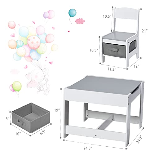 KOTEK Kids Wood Table and 2 Chairs Set with Blackboard & Storage Drawers, Children Multi Activity Table for Learning, Playing, Drawing, 3-in-1 Toddler Art Crafts Desk and Chairs Set (Gray & White)