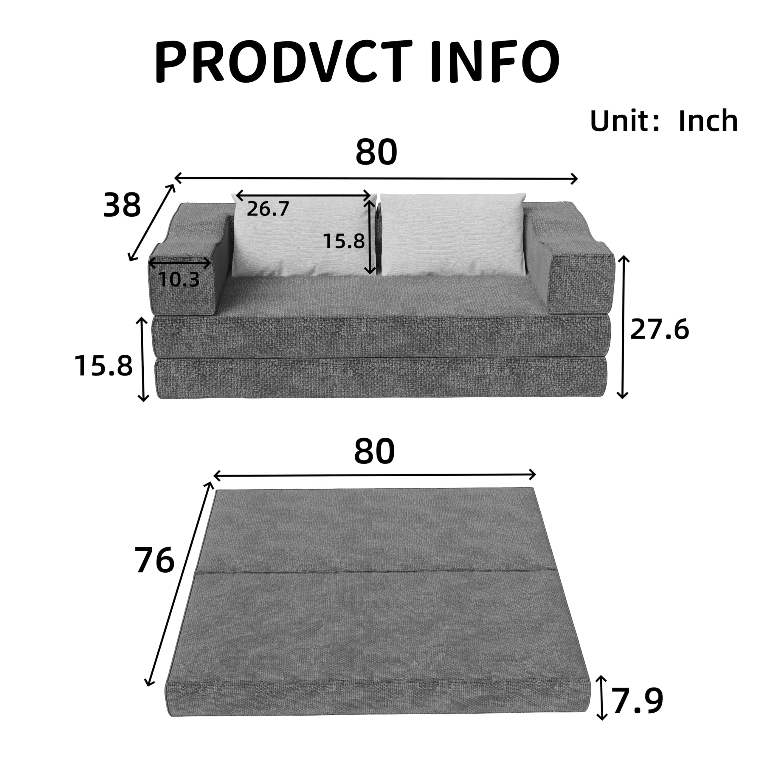 80" Folding Floor Sofa Bed Modular Futon Couch Bed with 2 Pillows 3-Seat Folding Sleeper Sofa&King Size Bed Mattress,DIY Combination Convertible Chenille Sofa Bed for Living Room Apartment (Grey)