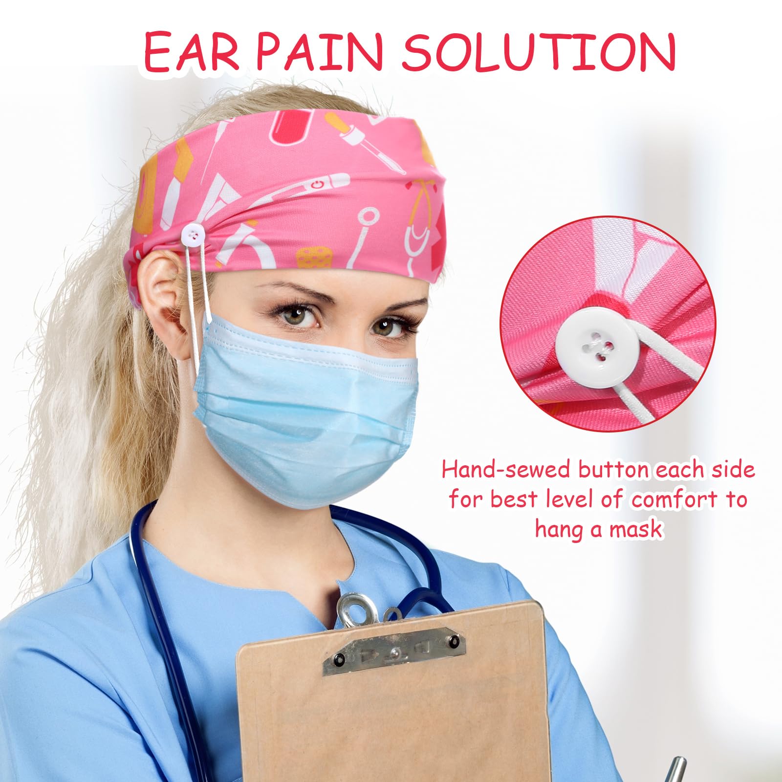 6 Pieces Button Headbands Non Slip Nurse Headbands Stretchy Headwraps Nonslip Yoga Sweatbands with Ear Protection Holder Elastic Headscarves for Yoga, Running, and Exercise, 6 Styles (Cute Pattern)
