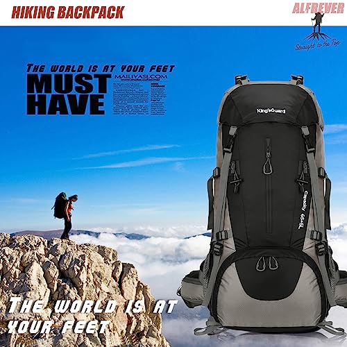 ALFREVER 70L Hiking Backpack, Waterproof Camping Essentials Bag, Lightweight Hiking Backpacking Back Outdoor Travel Pack (gray-black)