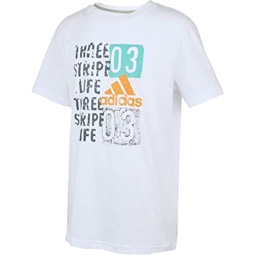 adidas Boys' Three Stripe Life T-Shirt (Medium, White/Mint/Screaming Orange)