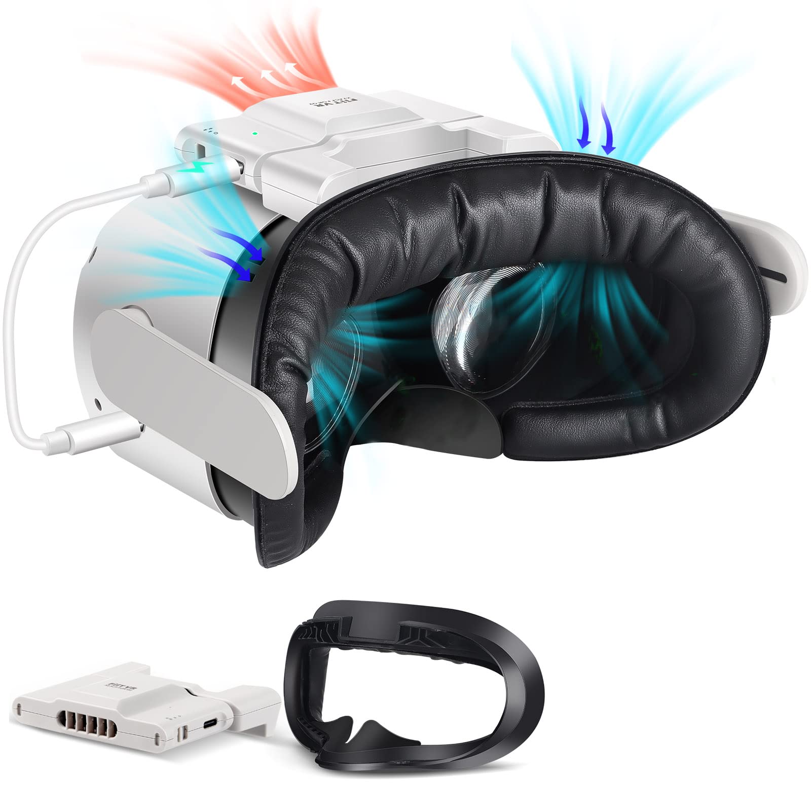 Aoife VR Fan Compatible with Oculus Meta Quest 2, Anti-Fog Active Air Circulation Vent Cooler Fan with Facial Interface and PU Sweat-Proof Face Cover, VR Accessories for Quest 2