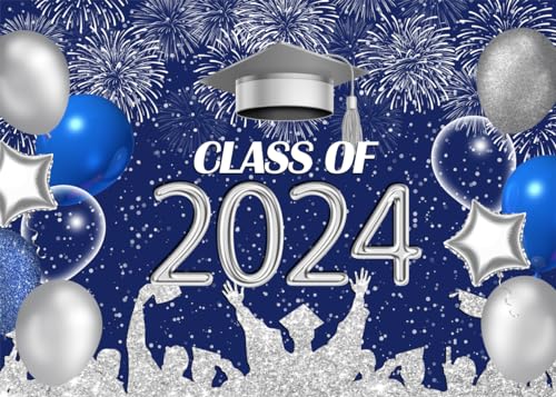 LYCGS 7X5ft Graduation Backdrop Navy Blue and Silver 2024 Graduation Party Backdrop for Class Celebration Graduation Prom Party Decor Supplies Photo Booth Banner X-52