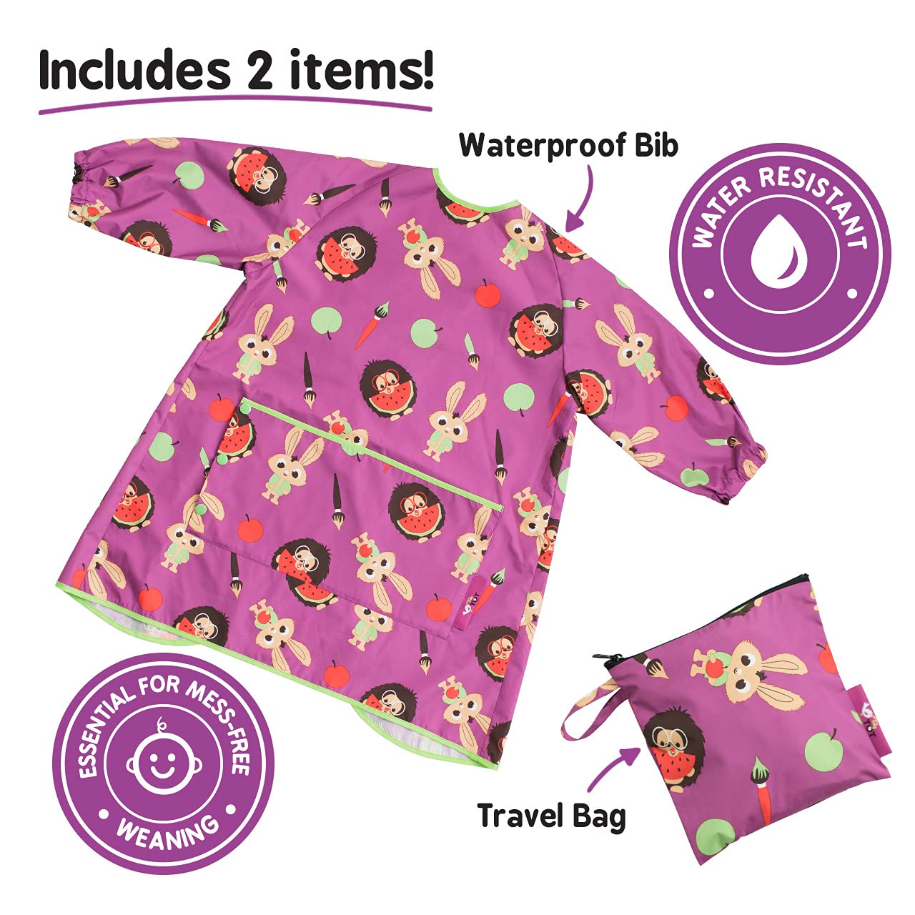 Tidy Tot - Long Baby Bib - Mess Proof Long Sleeve Feeding Smock with Large Food Catcher Pocket - Waterproof Bib – Machine Washable. Fits 6-24 months - Purple
