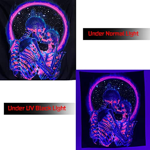 BIECWIAY Skull Kiss Lover Blacklight Tapestry for Bedroom Tapestry UV Reactive Fantasy Skeleton Trippy Tapestry Black Light Tapestry Aesthetic Wall Hanging for Room Home Decor