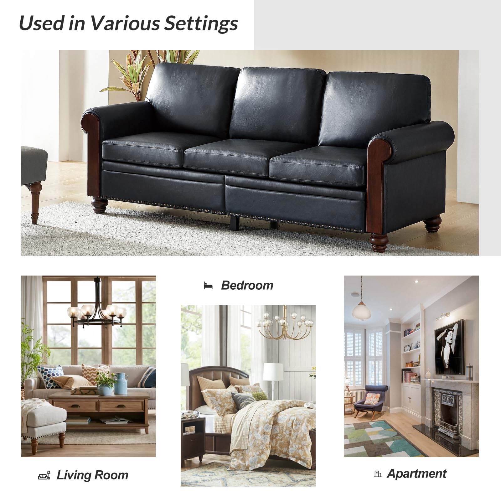 HULALA HOME 81" Sofa, Classic Faux Leather Couch Comfy 3 Seater Sofa with Wood Decor Rolled Arms Nailhead Trim, Brown Upholstered Leather Couch for Living Room