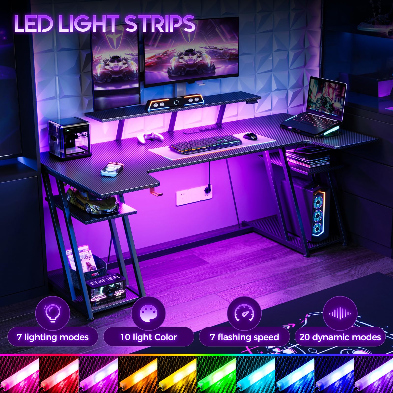 MOTPK Gaming Desk with LED Lights, 60 Inch U Shaped Desk with Power Outlet, Gaming Computer Desk with Storage Shelves, PC Gaming Table with Monitor Stand&Headphone Hook, Carbon Fiber Texture, Black