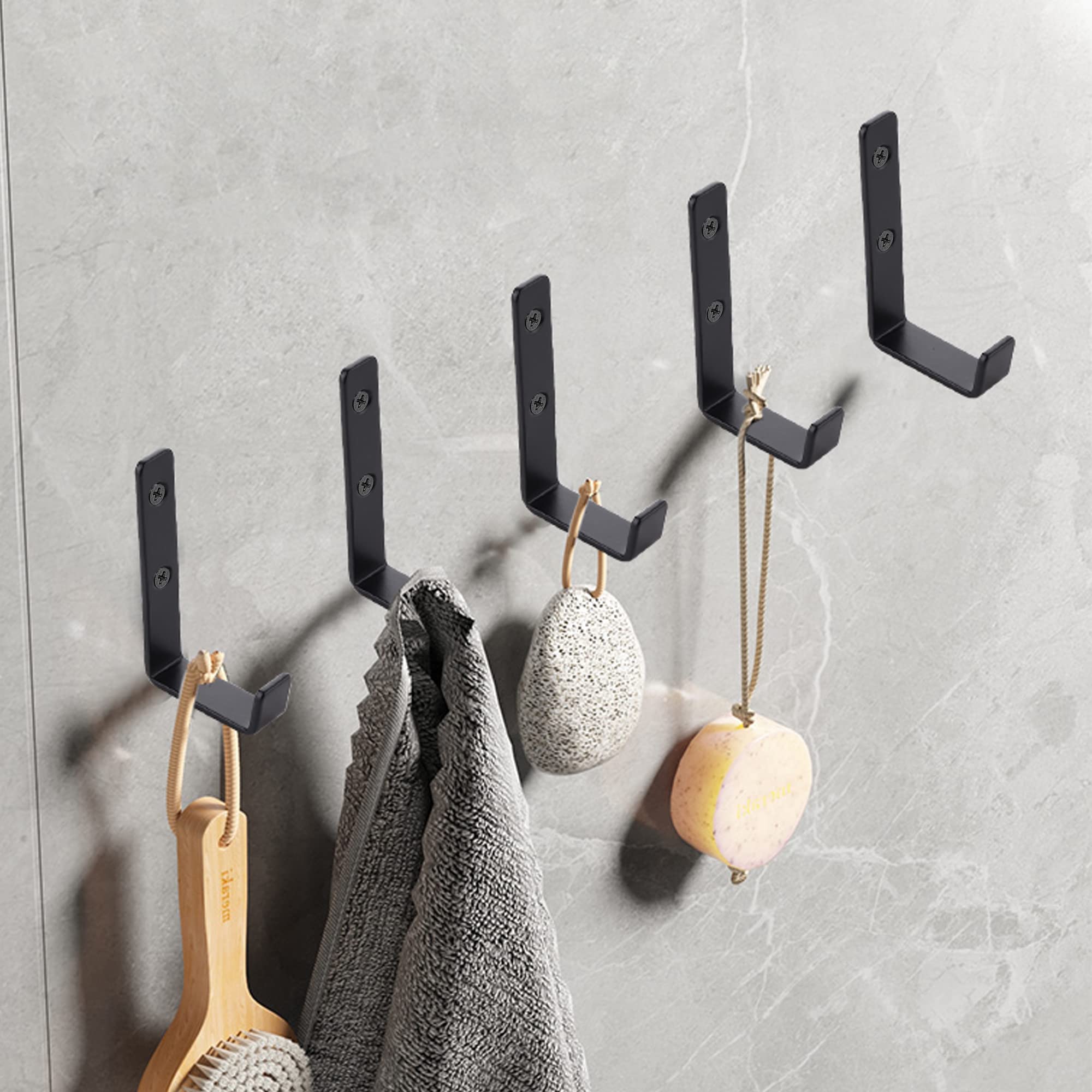 MANMILAI Towel Hooks Heavy Duty Black Wall Hooks Super Thick Pure Metal, Double Hole Screw Installation, Never Fall Off, Hanger for Clothes Key(3 Jet Black)