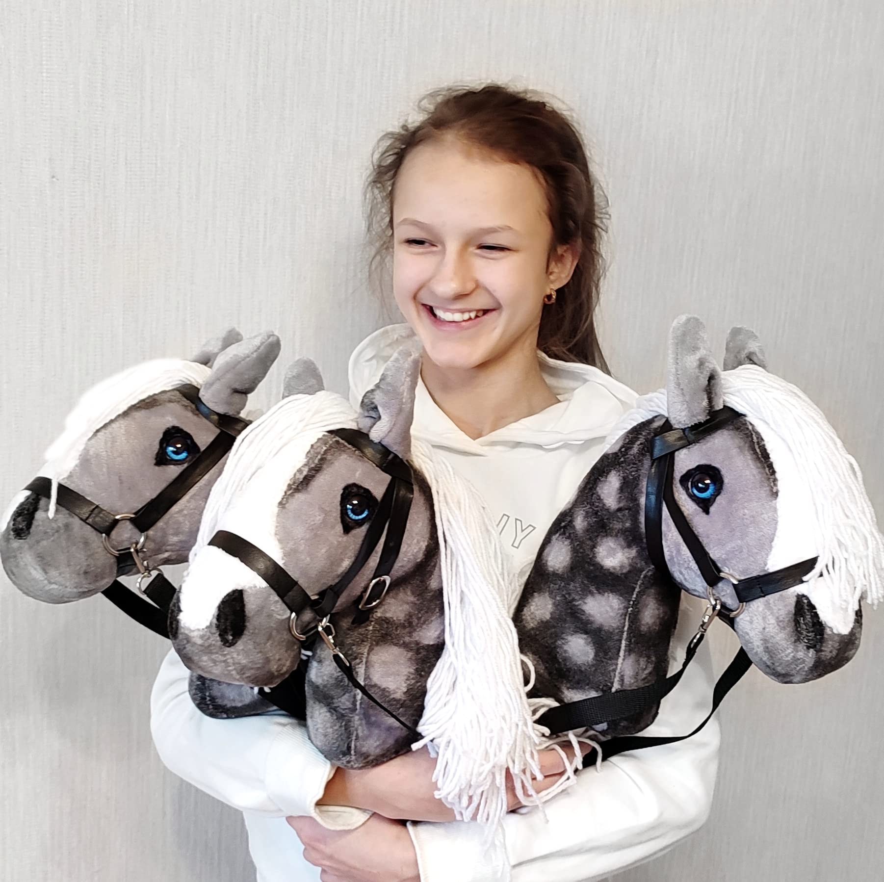 Gray stick hobby horse A4 Realistic plush handmade toy horse with bridle