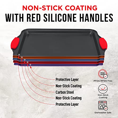 Baking Set – 8 Piece Kitchen Oven Bakeware Set – Deluxe Non-Stick Black Coating Inside and Outside – Carbon Steel – Red Silicone Handles – PFOA PFOS and PTFE Free by Bakken