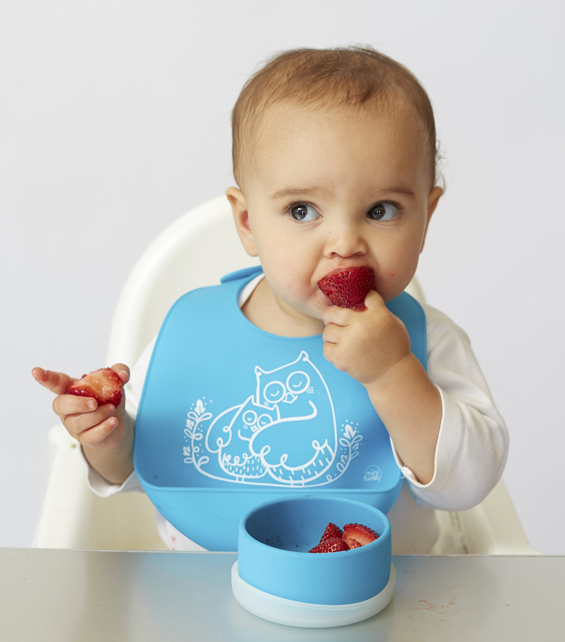 modern-twist Bucket-Bib 100% Food-Grade Silicone, Waterproof and Reusable, Owls โ Electric Blue