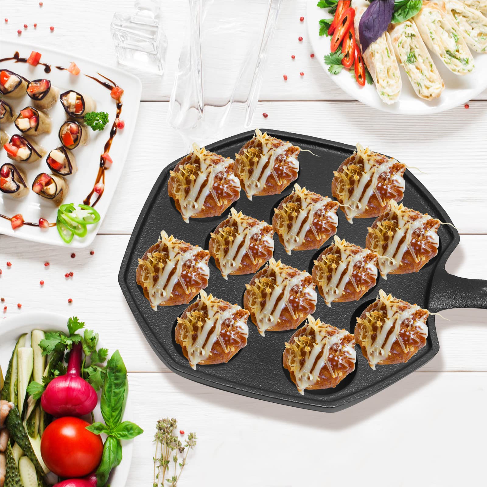 Anxingo Cast Iron Takoyaki Pan - 12 Hole Heavy Duty Square Cooking Plate Octopus Ball Maker 1.5" Half Sphere Takoyaki Maker for Baking Cooking