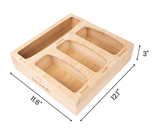 Bamboo Ziplock Bag Storage Organizer for Drawer and Wall-Mount; Gallon, Quart, Sandwich and Snack Plastic Bag Organizer; 4 Compartment Kitchen Drawer Organization and Storage for Baggies