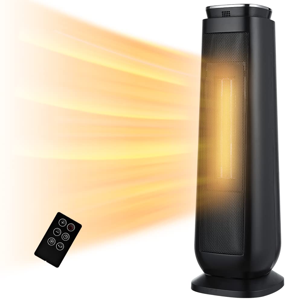 Aikoper Space Heater, 1500W Ceramic Tower Heater, Portable Electric Oscillating Heater with Adjustable Thermostat, ECO Mode, Remote Control, 24-Hrs Timer, Overheat & Tip-over Protection for Indoor Use