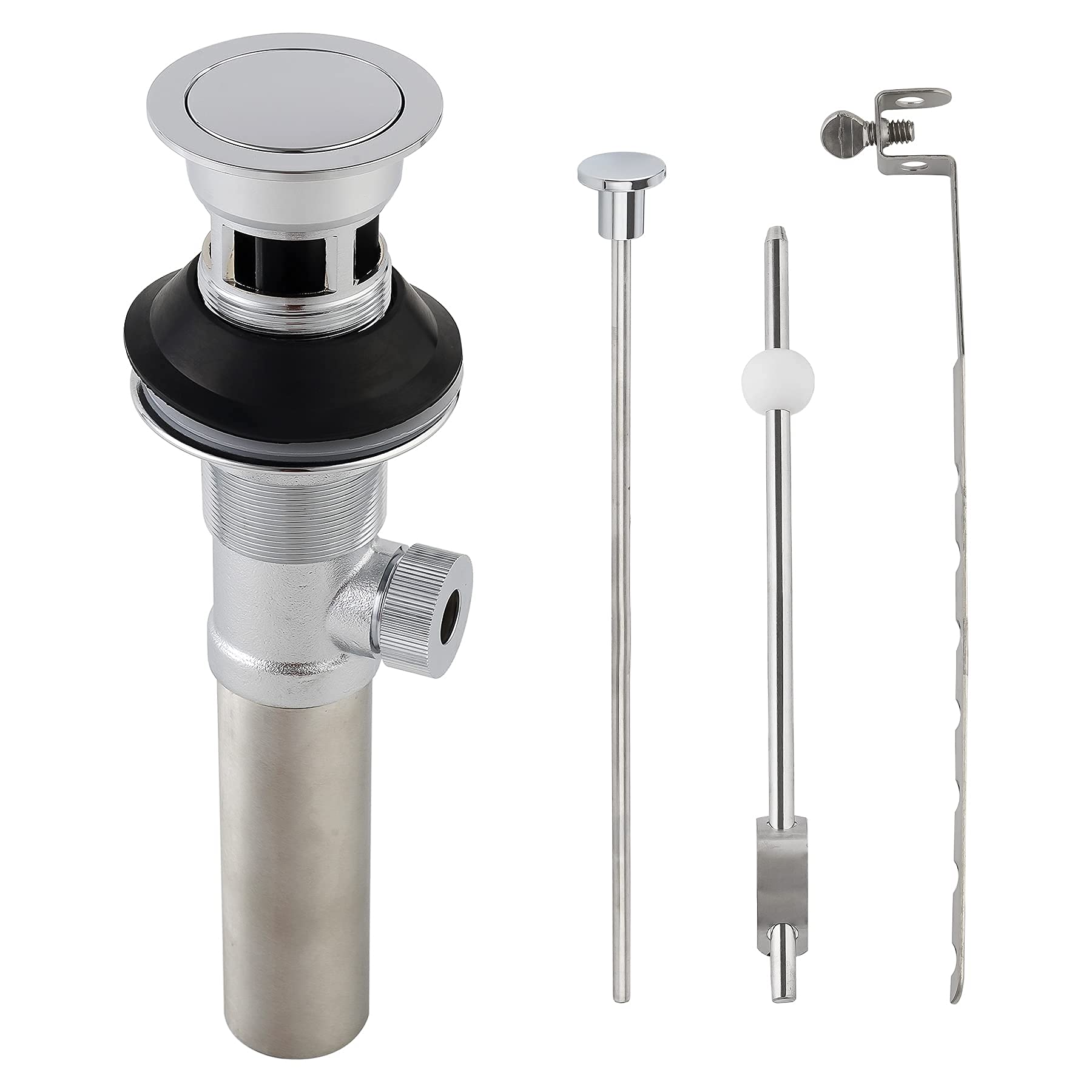 Bathroom Sink Drain with Overflow, Solid Brass Push and Seal Pop Up Drain Stopper Lift Rod, Bathroom Lavatory Vanity Vessel Sink Drain Compatible with Moen, American Standard, Universal Drain Hole