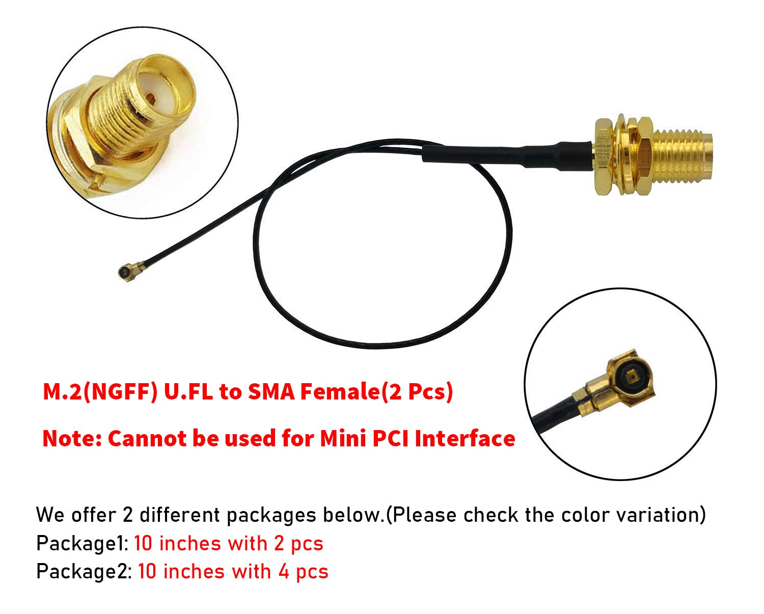 Tenmory U.FL to SMA M.2 NGFF UFL to SMA-Female MHF4 IPX4 IPEX4 Ipex Connector Pigtail Antenna Extension Cable (10 inch (2 Pcs))