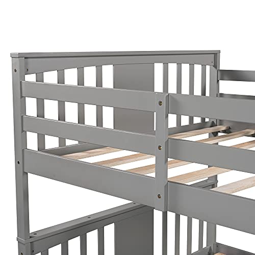 Dividable Full Over Full Bunk Bed with Ladder for Kids, Teens, Adults, No Box Spring Required Solid Wooden Bedframe w/Full-Length Guardrail, Bedroom, Guest Room Furniture, Gray