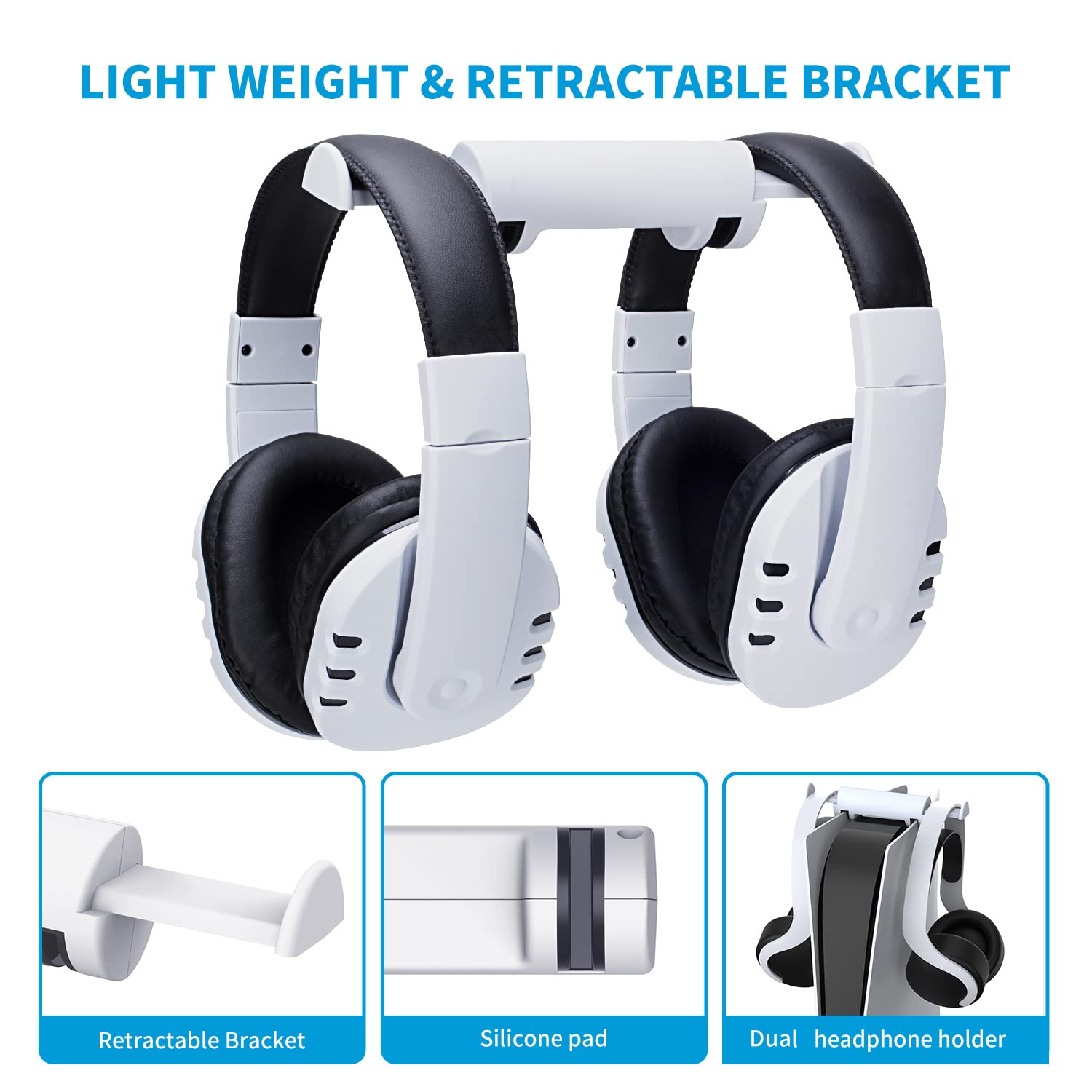 Grehge set holder, PS5 headset stand, PS5 Headphone Hook, Retractable Gaming Headsets Hanger for Sony Playstation 5, No screws, No tape, White