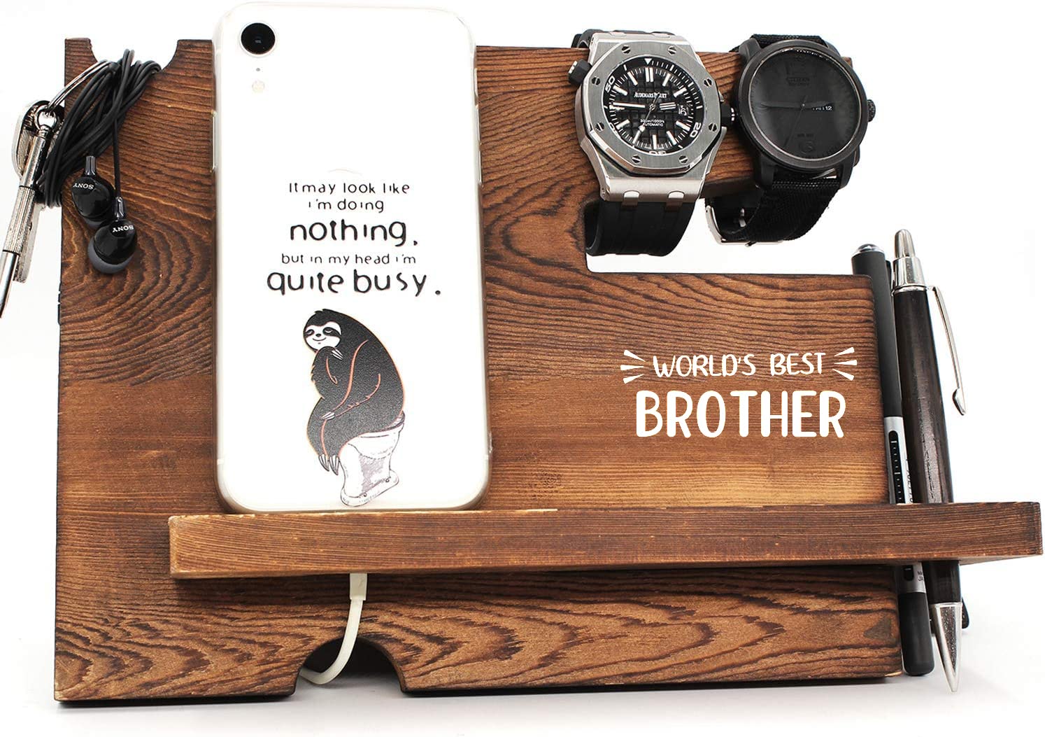 KU-DaYi World’s Best Brother Wooden Desk Docking Station, Brother Gifts For Birthday Christmas Father’s Day Wedding, Brother Gifts From Sister Brother Cousin