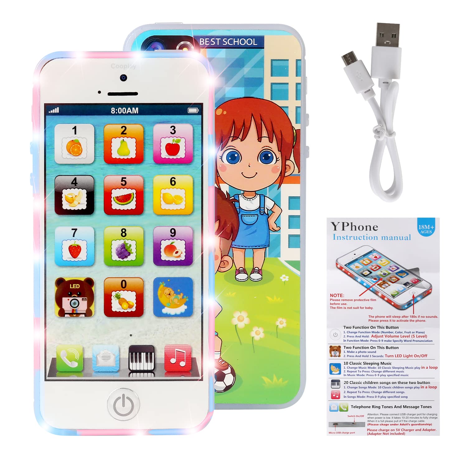Cooplay Learning Smart Phone Toy Music Lullaby Song Touch Screen Type-C Recharable Cell Phone Mobile Yphone for Toddler Baby