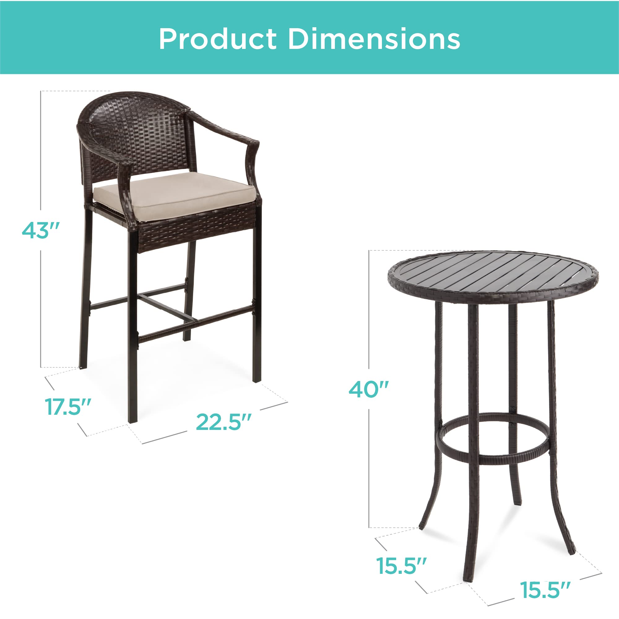 Best Choice Products 3-Piece Patio Bar Table Set, Outdoor Wicker Bar Height Bistro Furniture for Backyard, Poolside, Balcony w/Barstools, Cushions, Steel Frame β Brown/Beige