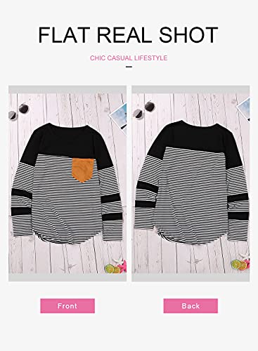 Diukia Women's Pinstripe Patch Pocket Long Sleeve Tops Stripe Color Block Lightweight Pullover Shirt for Girls Teens Junior Ladies Black L