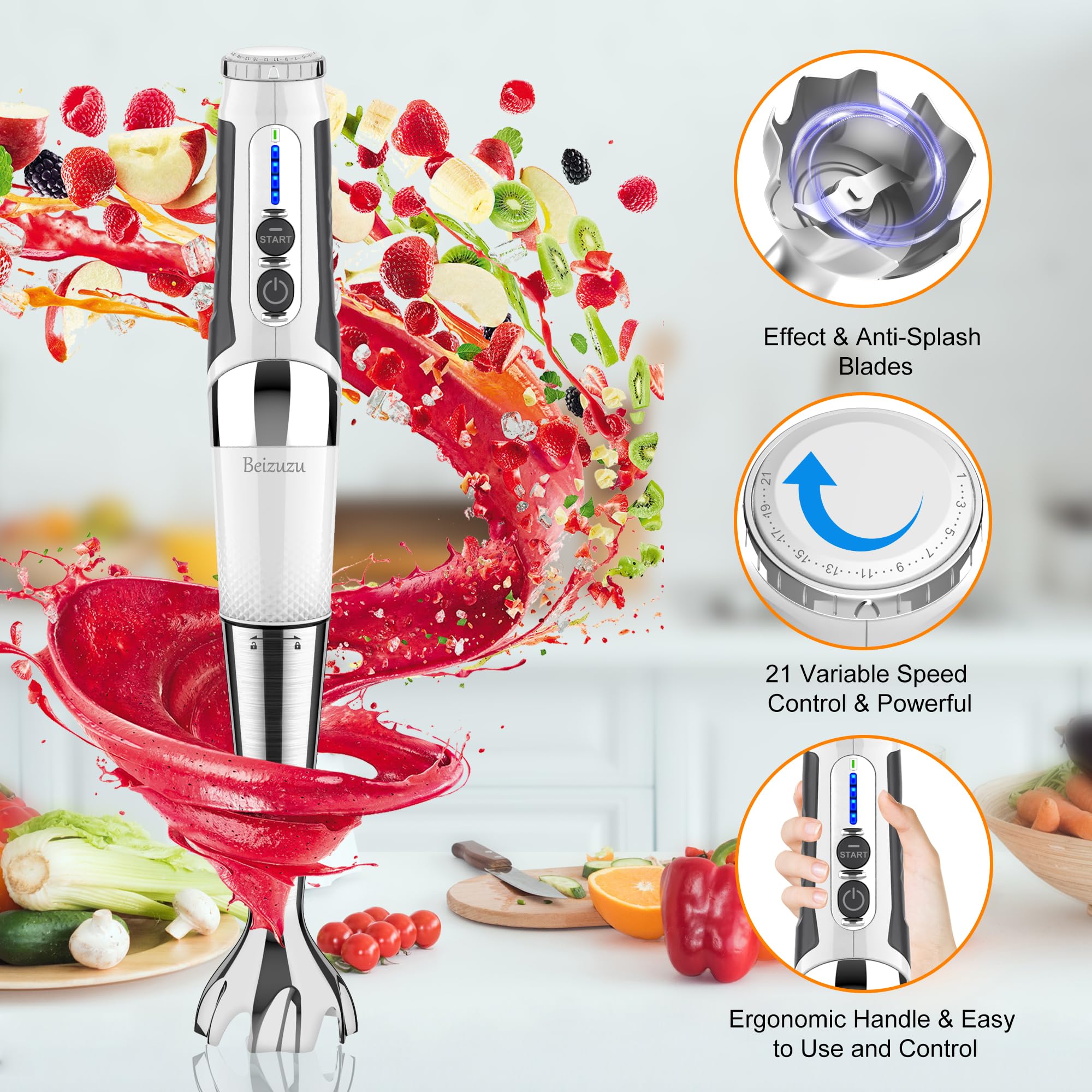 Cordless Hand Blender: 4-in-1 USB Rechargeable Immersion Blender, 21 Variable Speeds & 3-Angle Adjustable with 700ml Chopper, 700ml Beaker, Egg Whisk and Beater for Smoothies, Soup, Baby Food (White)