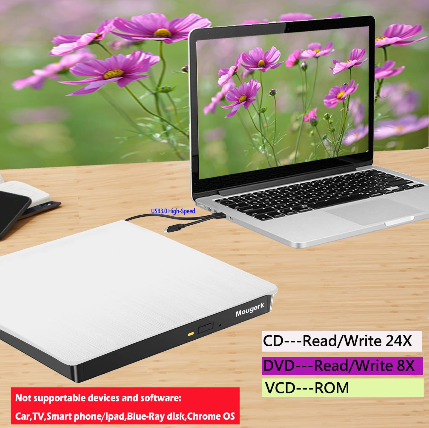Mougerk External DVD Drive, Portable Type-C USB 3.0 DVD CD Drive Player DVD/CD +/-RW ROM Reader Rewriter Burner for Laptop MacBook Pro Desktops (White)
