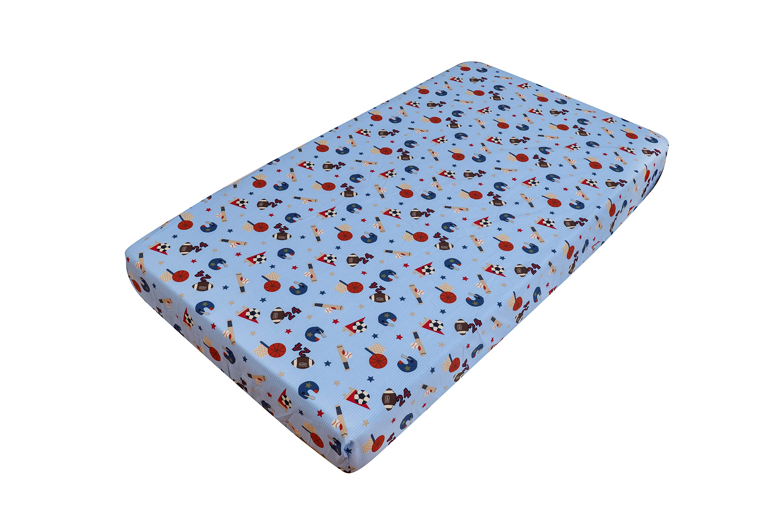 CribMATE 4 PCs Blue Sports Themed Nursery Crib Bedding Set Baby Boy 1 Quilt 1 Fitted Sheet 1 Diaper Organizer 1 Changing Pad Sheet Cot Bedding Set, Blue , Red , Brown , White, 28 X 52