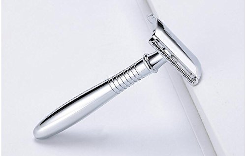 Heavy Duty Chrome Double Edge Safety Razor & Base Stand Long Handle Lengthen Version w/ 10 Platinum Super Sharp Blades + Mini Cleaning Brush & Pouch Manual Wet Shaving Gift Set for Men & Women