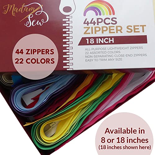 Madam Sew 44pcs 8 Inch Zippers for Sewing Garments β Bulk Zippers with Plastic Coil Teeth, Heavy Duty Metal Zipper Pulls and Nylon Tapes β Colorful Closed End, Non-Separating Zippers in 22 Colors
