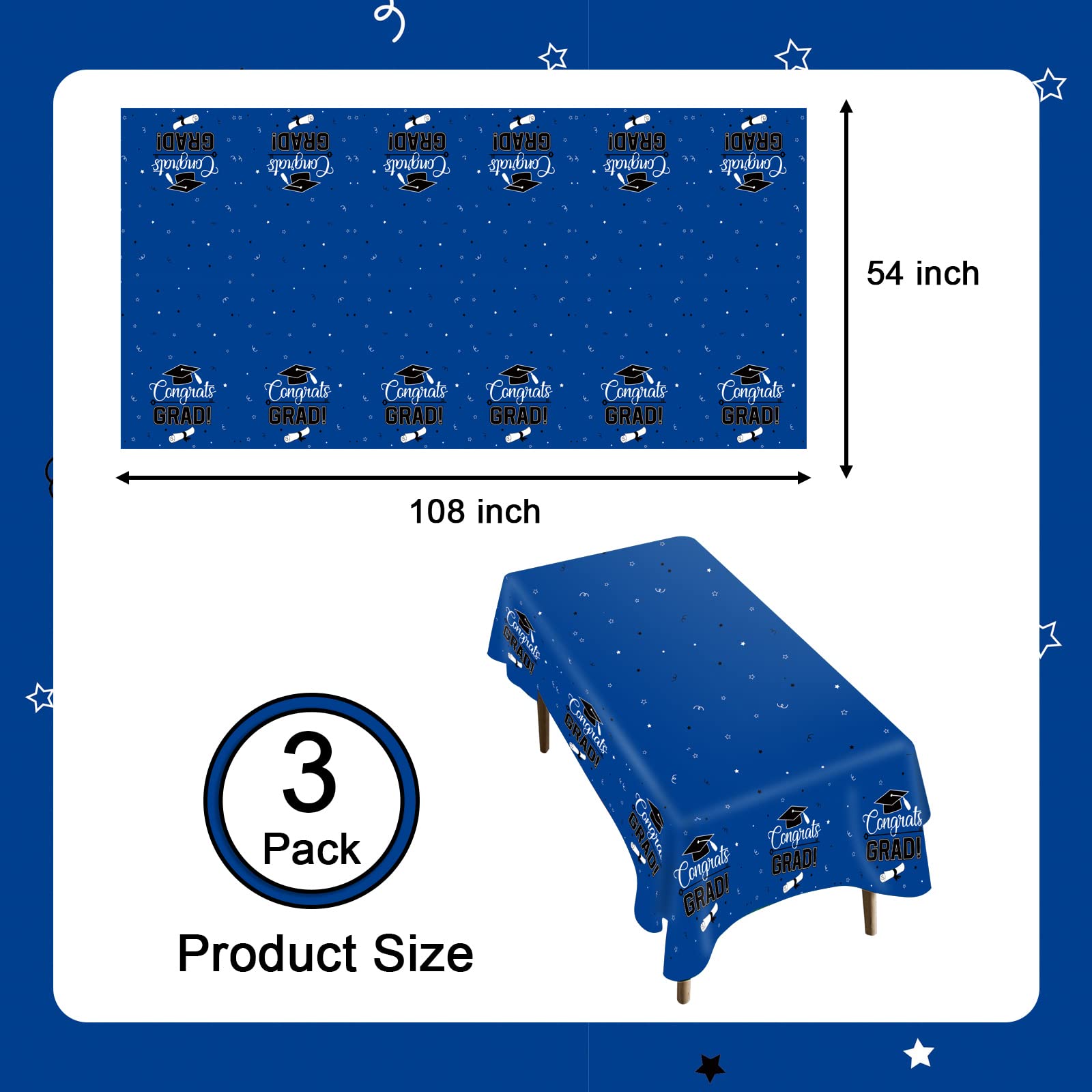 SANBADA 3 Pieces Graduation Tablecloth, 2024 Graduation Party Supplies, Graduation Party Decorations 2024, Graduation Table Decorations 2024, Large Size Plastic Tablecloth 108β x 54β (Blue)