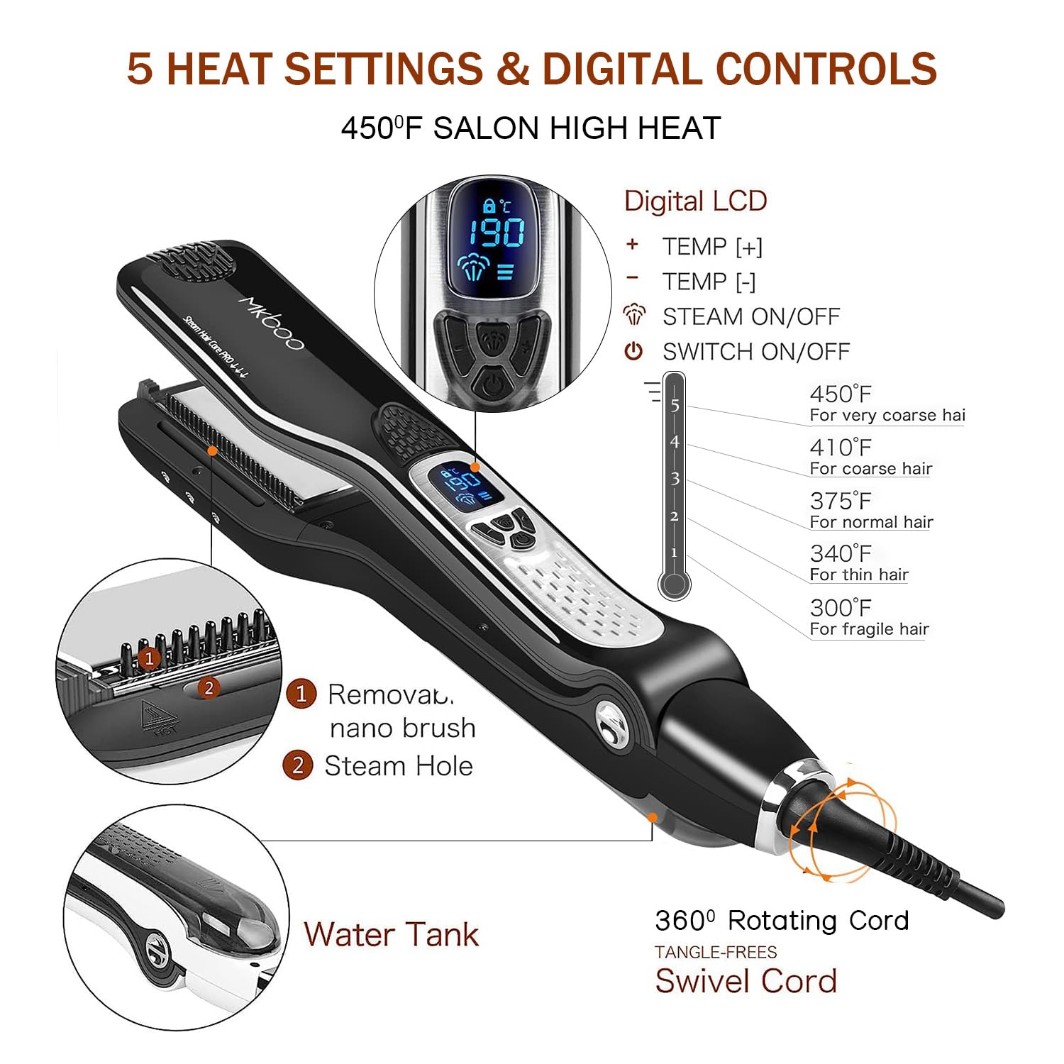 MKBOO Hair Straightener with Steam, Salon Professional Nano Titanium Ceramic Steam Flat Iron with Removable Comb+Digital LCD+5 Level Adjustable Temperature+Auto Temperature Lock Black