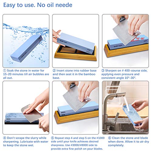 Complete Knife Sharpening Stone Set β Dual Grit Whetstone 400/1000 3000/8000 Premium Whetstone Knife Sharpener with Leather Strop, Flattening Stone, Bamboo Base, 3 Non-slip Rubber Bases & Angle Guide