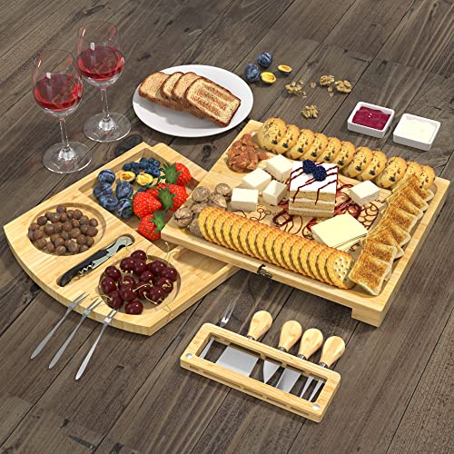 Cheese Board Charcuterie Board Set - Swiveling Wine Meat Cheese Platter Bamboo Cheese Server with Knives, Forks, Wine Opener, Ceramic Bowls for Gathering Party - Warming Gift for Women Friend