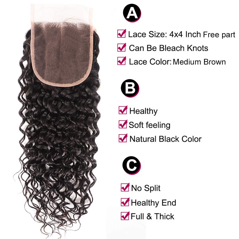 Laritaiya Water Wave Bundles With Closure Human Hair (18 20 22+16) Wet and Wavy Human Hair 3 Bundles with Closure 100% Unprocessed Deep Curly Human Hair Bundles With Closure Natural Black Color