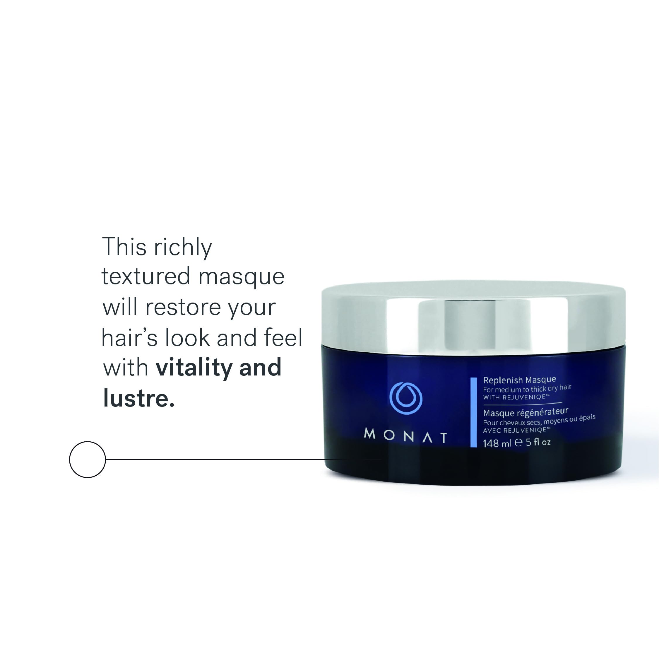 MONAT Replenish™ Masque Infused with Rejuveniqe® - Hair Masque that Deeply Condition Medium to Thick Hair. Hydrating Hair Mask w/Pea Extract & Vegan UV Protectant - Net Wt. 148 ml ℮ 5.0 fl. oz.